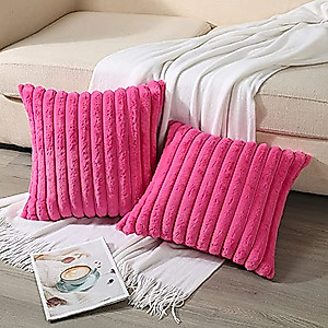 Soleebee Set of 2 Throw Pillow Covers Soft Cozy Velvet Pillowcase Faux Rabbit Fur Cover for Couch Sofa Bed Chair Home Decorative Pillows Cover (18x18 Inch, HOT Pink)