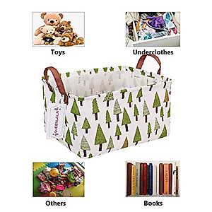 QUEENLALA Rectangular Laundry Hamper/Foldable Nursery Laundry Basket for Organizing/Storage Bin Baskets/Children Toy Office Bedroom/Toy Bin Closet Shelf Baskets（Rec-Green forest）