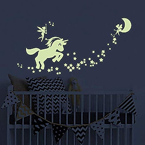 BENBO Wall Decals Glow in Dark Cute Horse Stars Fairytale Fairy Wall Stickers DIY Kids Girls Bedroom Home Nursery Room Wall Mural Decor