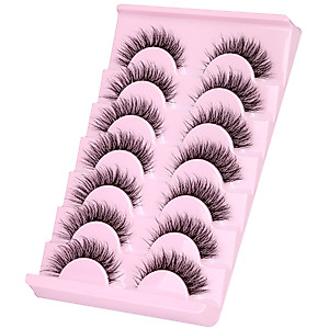 wiwoseo Natural Wispy Fluffy Lashes with Glue Cat Eyes Mink Lashes Clear Band Eyelashes with Glue Kit Russian Strip Lashes Natural Look False Eyelashes Extension Strip Lashes D Curly 7 Pairs Pack