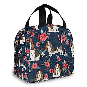 Lunch Bag Basset Hound Floral Dog Dog With Flowers Navy Blue Lunch Box Insulated Bag Tote Bag For Men/Women Work Travel