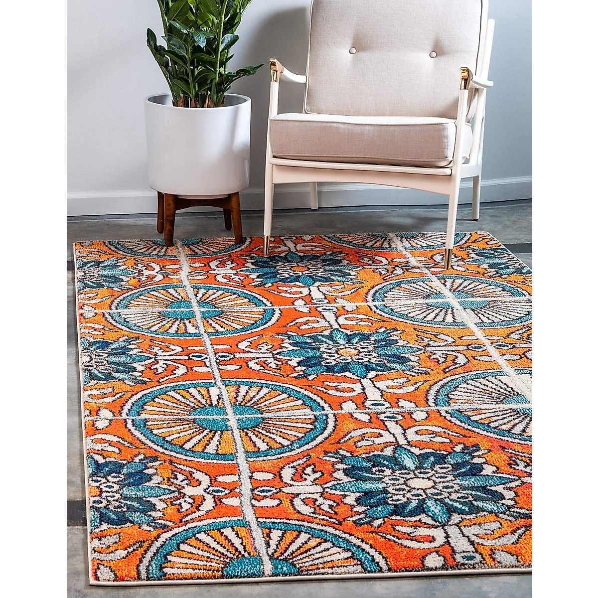 Unique Loom Estrella Collection Floral, Geometric, Vibrant, Modern, Abstract Area Rug (5' 0 x 8' 0 Rectangular, Orange/Blue)