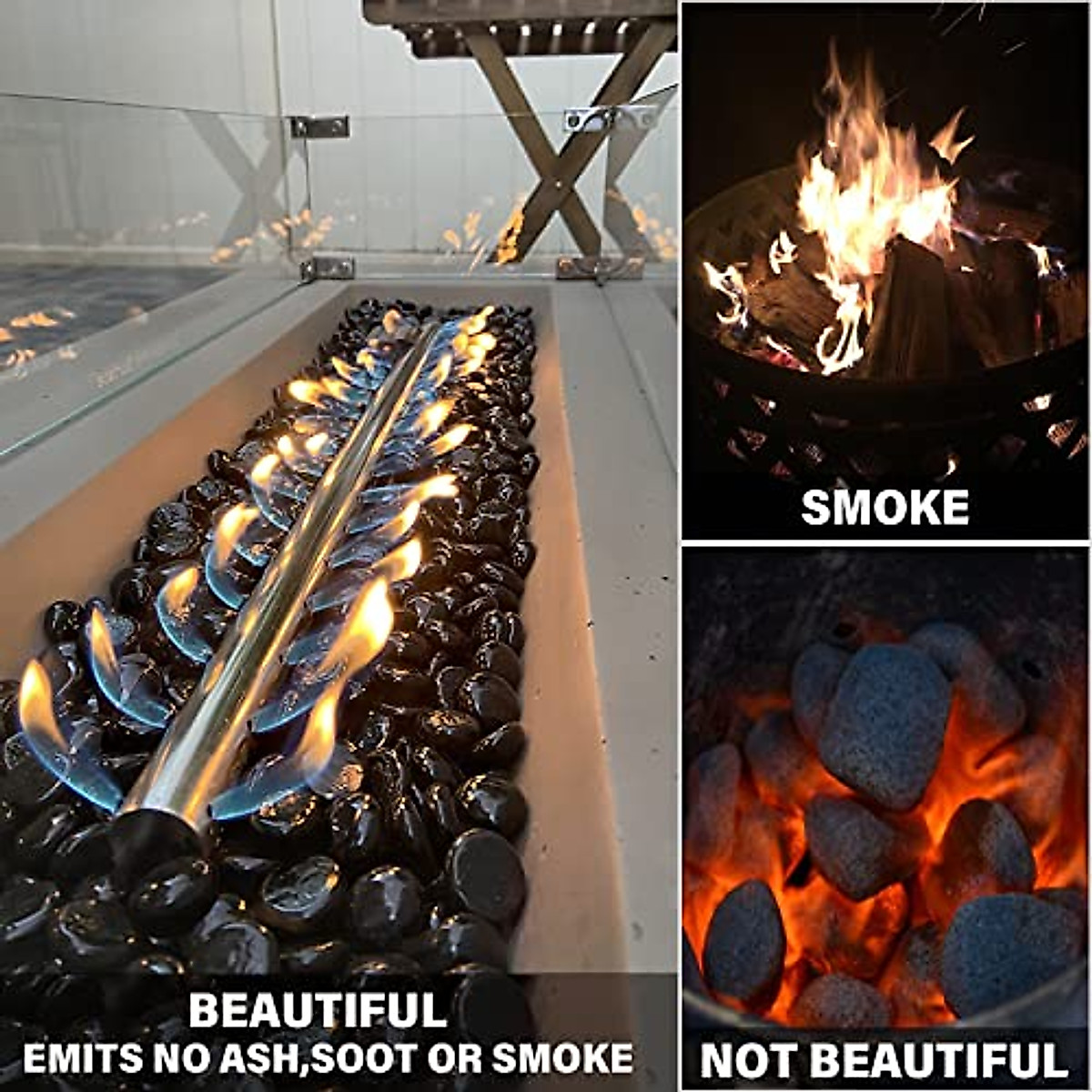 LEIMO KPARTS 10 lbs Fire Glass Beads Black for Propane Fire Pit, 1/2-Inch Reflective Gas Fireplace Glass Rocks Stones for Fire Pit Table