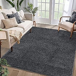 GlowSol Solid Shaggy Rug 5x8 Plush Area Rug for Bedroom Non Slip High Pile Indoor Carpet Dark Grey Rug Modern Fluffy Area Rug for Living Room Kids Room Nursery Home Office