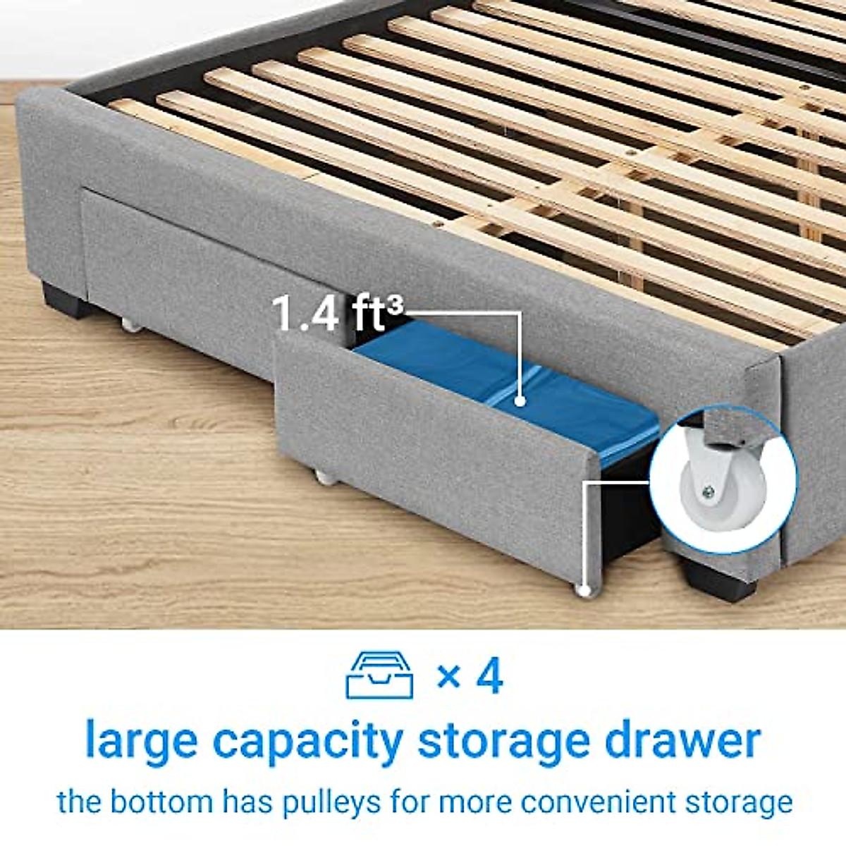 Capacmkseh Queen Platform Bed Frame with Headboard and 3 Storage Drawers on Wheels, Fabric Upholstered Headboard Beds Mattress Foundation with Wood Slat Support, No Box Spring Needed, Easy Assembly