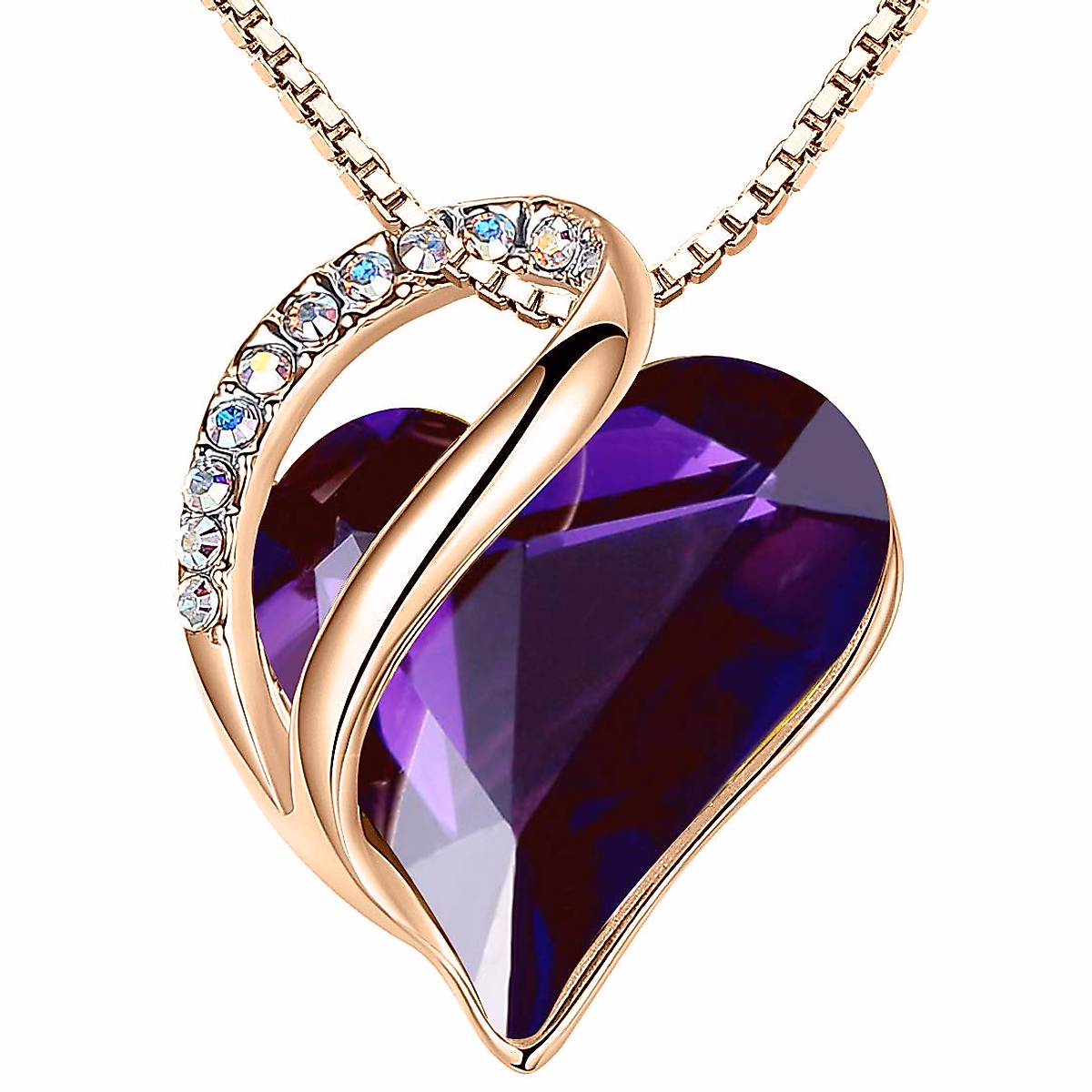 Leafael Rose Gold Plated Necklace for Women: Heart Shaped Dark Amethyst Pink Crystal Center, February Birthstone, Dazzling Cubic Zirconia, Hypoallergenic Chain (18"+2"), Jewelry Gifts for Her