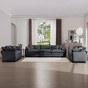 Nestglow Oversized 3 Piece Sofa Set for Living Room, 3-Seater & 2 Single Sofa, Modular Sectional Deep Seat Corduroy Comfy Cloud Couches with 2 Armrest Pillows and 5 Toss Pillows, Grey