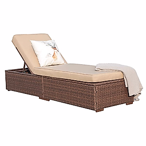 JOIVI Outdoor Chaise Lounge Chair, All-Weather PE Wicker Patio Chairs Pool Lounge Chairs for Outside, Brown Rattan Reclining Outdoor Chair with Adjustable Backrest & Removable Beige Cushion