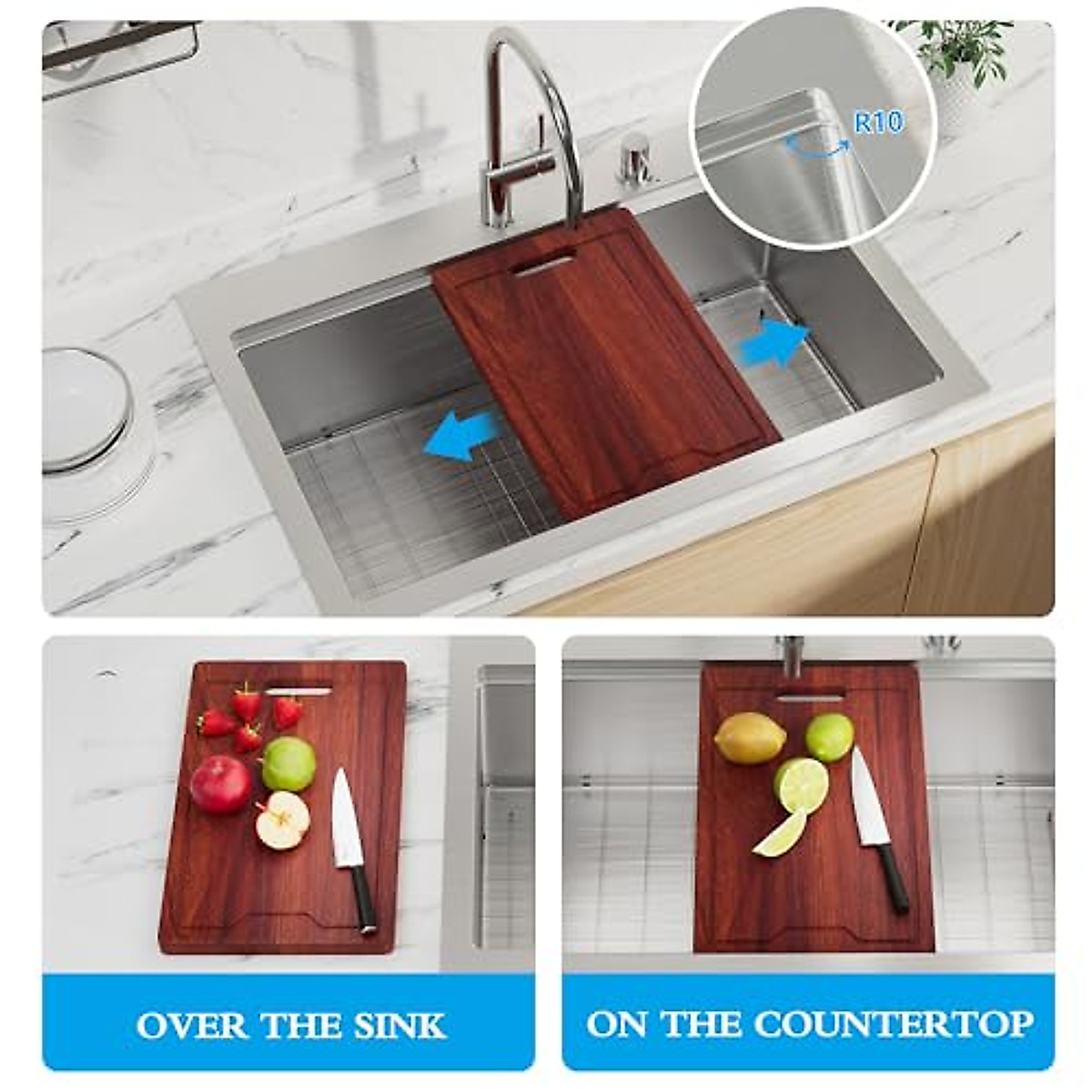 ARAUSK Drop in Kitchen Sink Nano, 33 X 22 Inch, 18 Gauge Gunmetal Matte Stainless Steel Sink, 10 Inch Depth Workstation Sink Single Bowl, T-304 Topmount Sink with Accessories