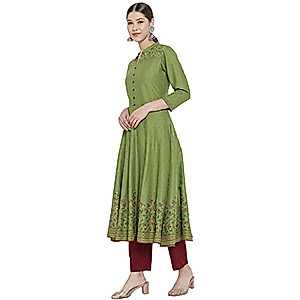 Yash Gallery Women's Rayon Floral Print Anarkali Kurta (Green)