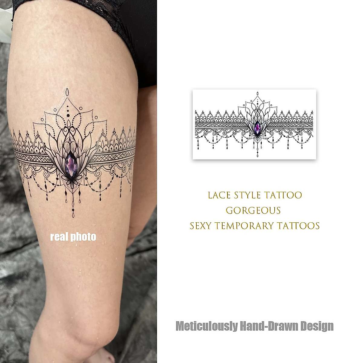 Roarhowl Lace Tattoos, Large Sexy Temporary Tattoo Set, Temporary Tattoos For Women, Belly Back Waist Thigh Body Art Fake Tattoos (Set 1)