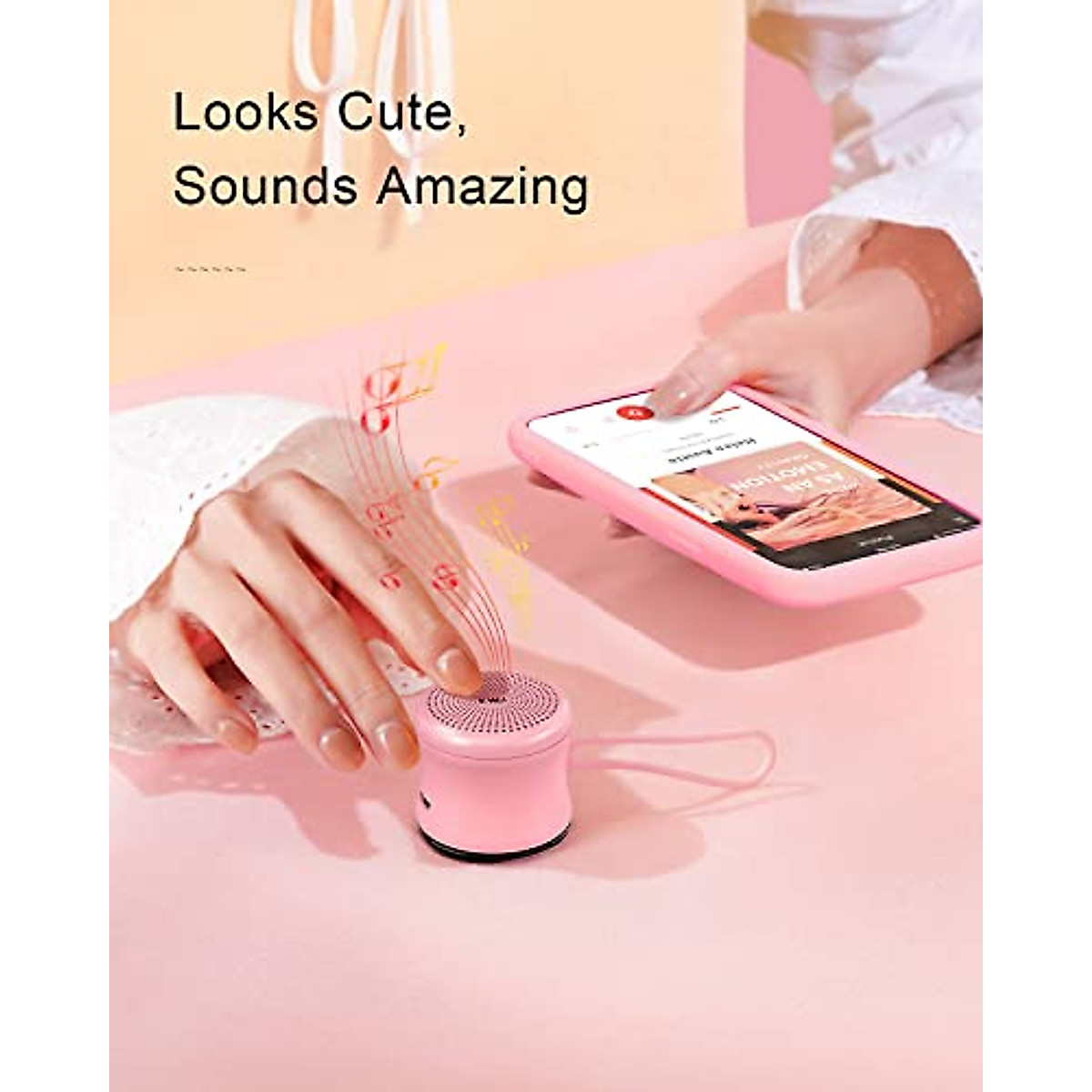 EWA A119 Mini Bluetooth Speaker with Lanyard, Small Speaker with Bass Radiator, IPX7 Waterproof, Tiny but Powerful, Cute Metal Wireless Portable Speaker (Rose-Gold)