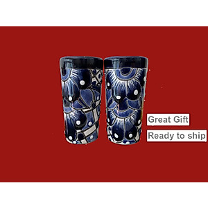 Casa Fiesta Designs Mexican Shot Glasses, Hand-painted Ceramic Tequila Shot Glass Made in Mexico - Great for Tequila, Mezcal and Sangrita, 2 oz - Blue and White - Tequilero Azul y Blanco (Pack of 4)