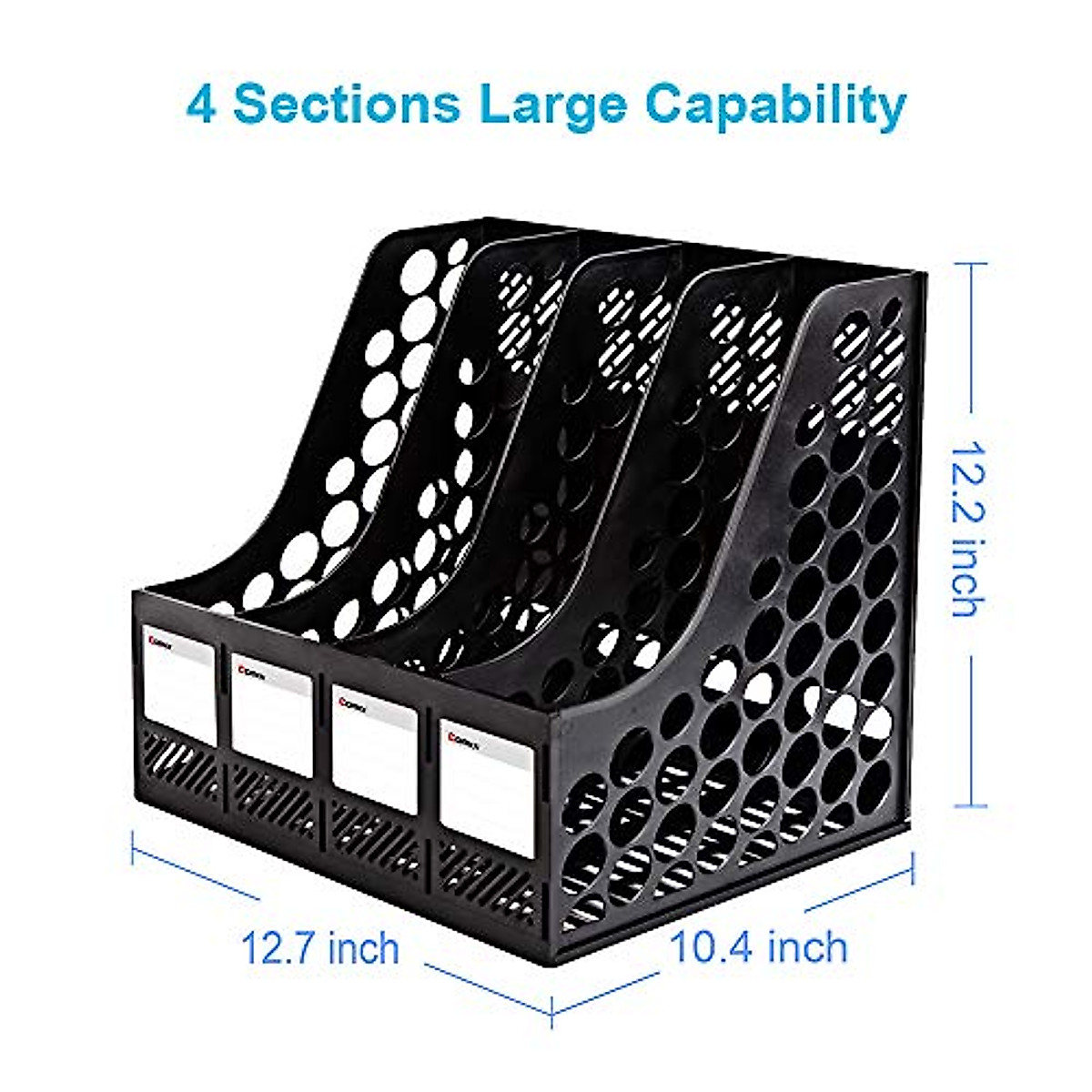 Comix Magazine File Holder, Sturdy Plastic Desk Organizers and Storage File Folder for Office Organization, Binder Organizer with 4 Compartments Storage Organiser Box, Black
