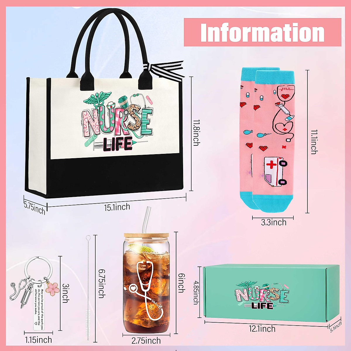 Nurse Gifts for Women Nurse Appreciation Gifts Set Nurses Week Gifts Set Nurse Graduation Gifts Nurse Christmas Gifts Nurse Gift Box for Women Nurse Canvas Beach Bag Socks Keychain 16 Oz Can Glass