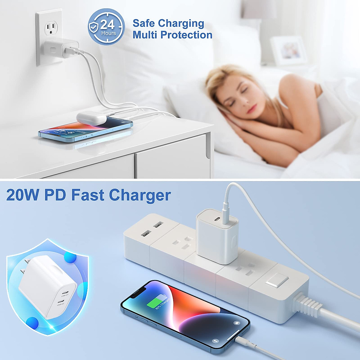 20W USB C Wall Charger Block, Costyle 3 Pack Dual Port USB C Charging Block Brick, Double C Type Charger Block for iPhone 15 Pro 15 Plus 11 12 13 14 15 Pro Max XS XR iPad Airpods Pro(White)