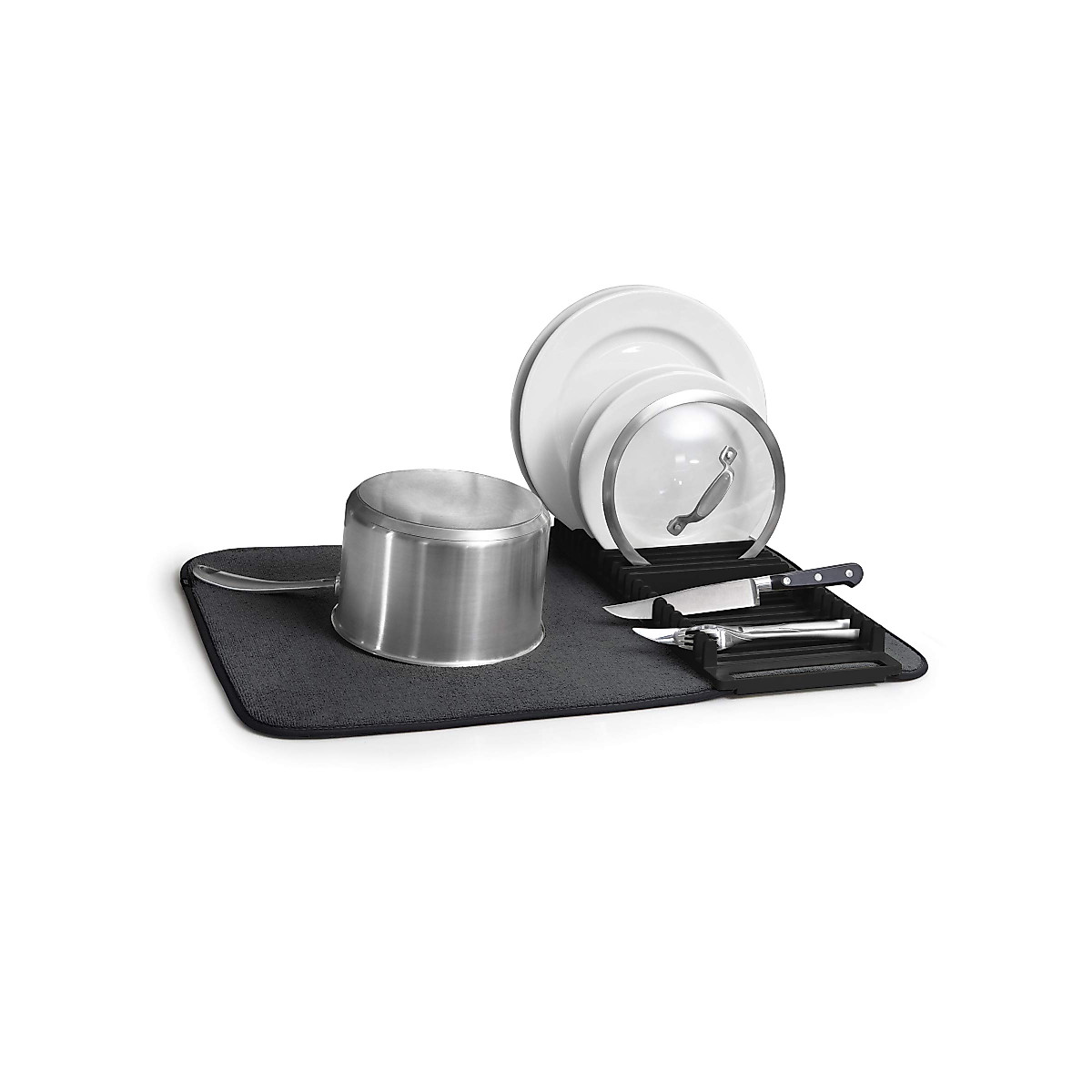 Umbra UDRY, 24 x 18 inches Rack and Microfiber Dish Drying Mat-Space-Saving Lightweight Design Folds Up for Easy Storage, Black