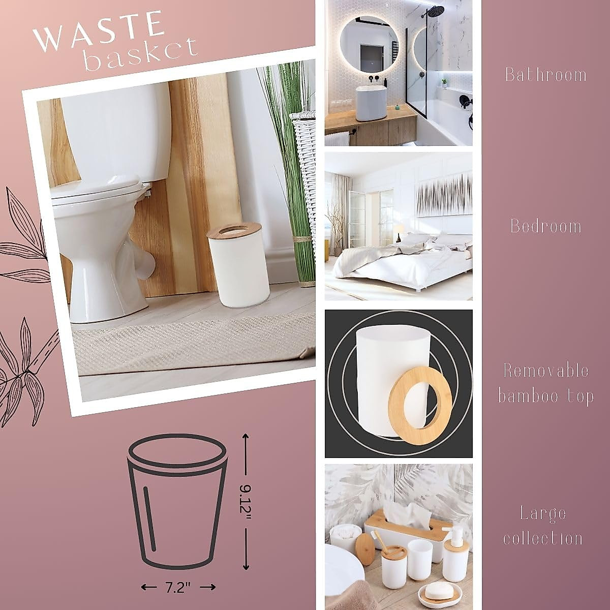 EVIDECO French Home Goods White Bathroom Trash Can Padang Bamboo Top 1.3 Gal - Stylish and Sustainable 5L Waste Solution