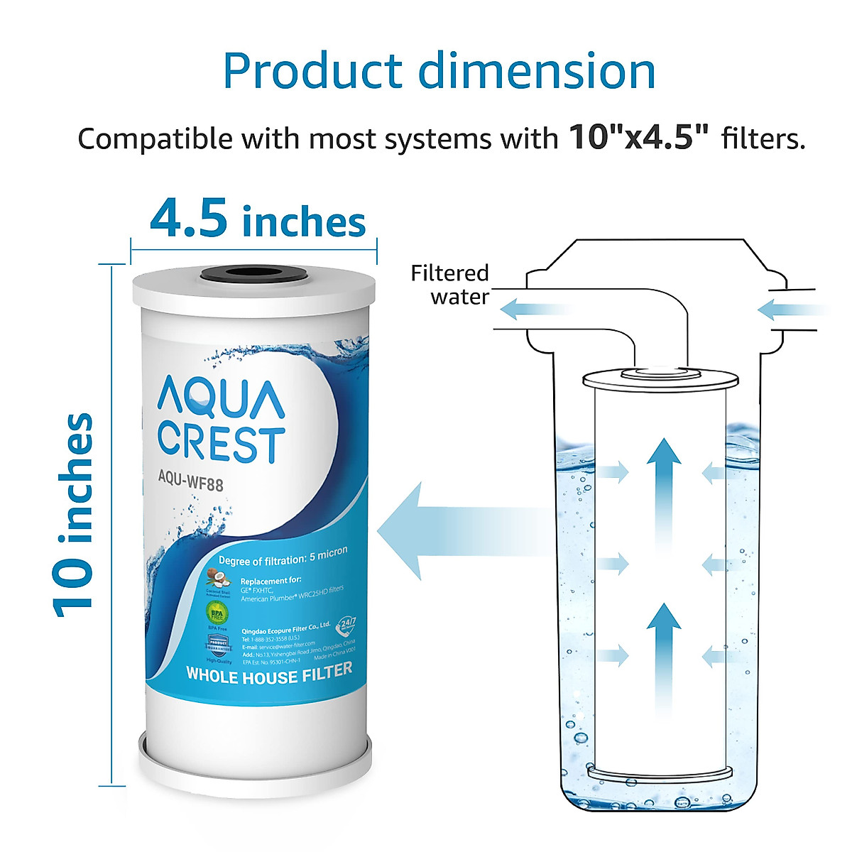 AQUACREST FXHTC Water Filter, Whole House Water Filter, Well Water Filter, Replacement for GE® FXHTC, GXWH40L, American Plumber W10-PR, Culligan® RFC-BBSA, W10-BC, Carbon Filters, 5 Micron, Pack of 3