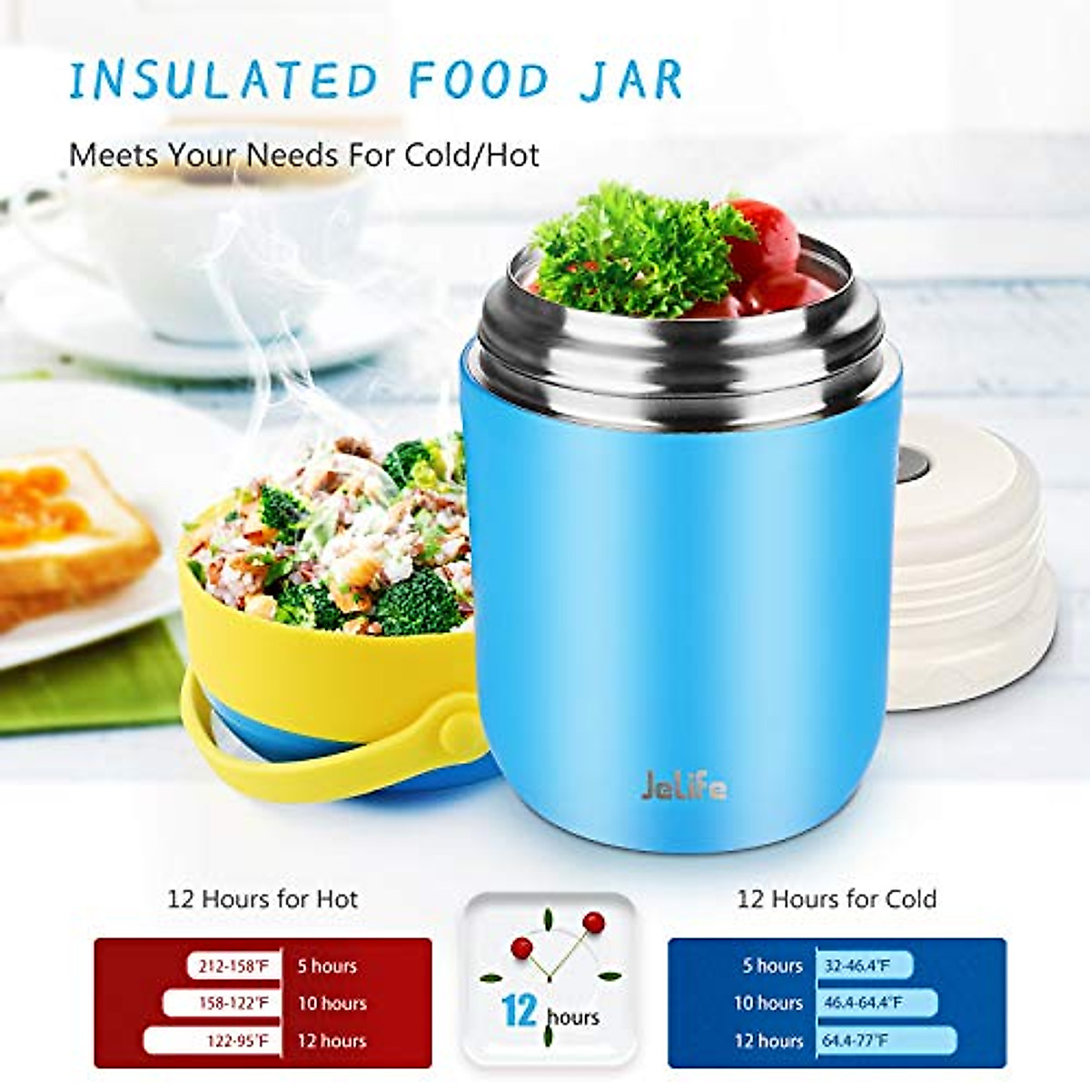 Jelife Thermos for Hot Food Container - 16oz Lunch Soup Thermos Insulated Food Jar, Bento Lunch Box Stainless Steel Food Funtainer with Spoon for Back to School Camping Vacuum Leak-Proof, Blue