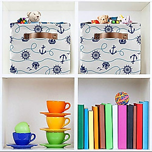 Anchor Rudder Sailboat Nautical Storage Basket Large Foldable Storage Organizer Cubes Bins with Leather Handles Sturdy Collapsible Boxes for Shelf Cloth Toy Closet-1 Pack
