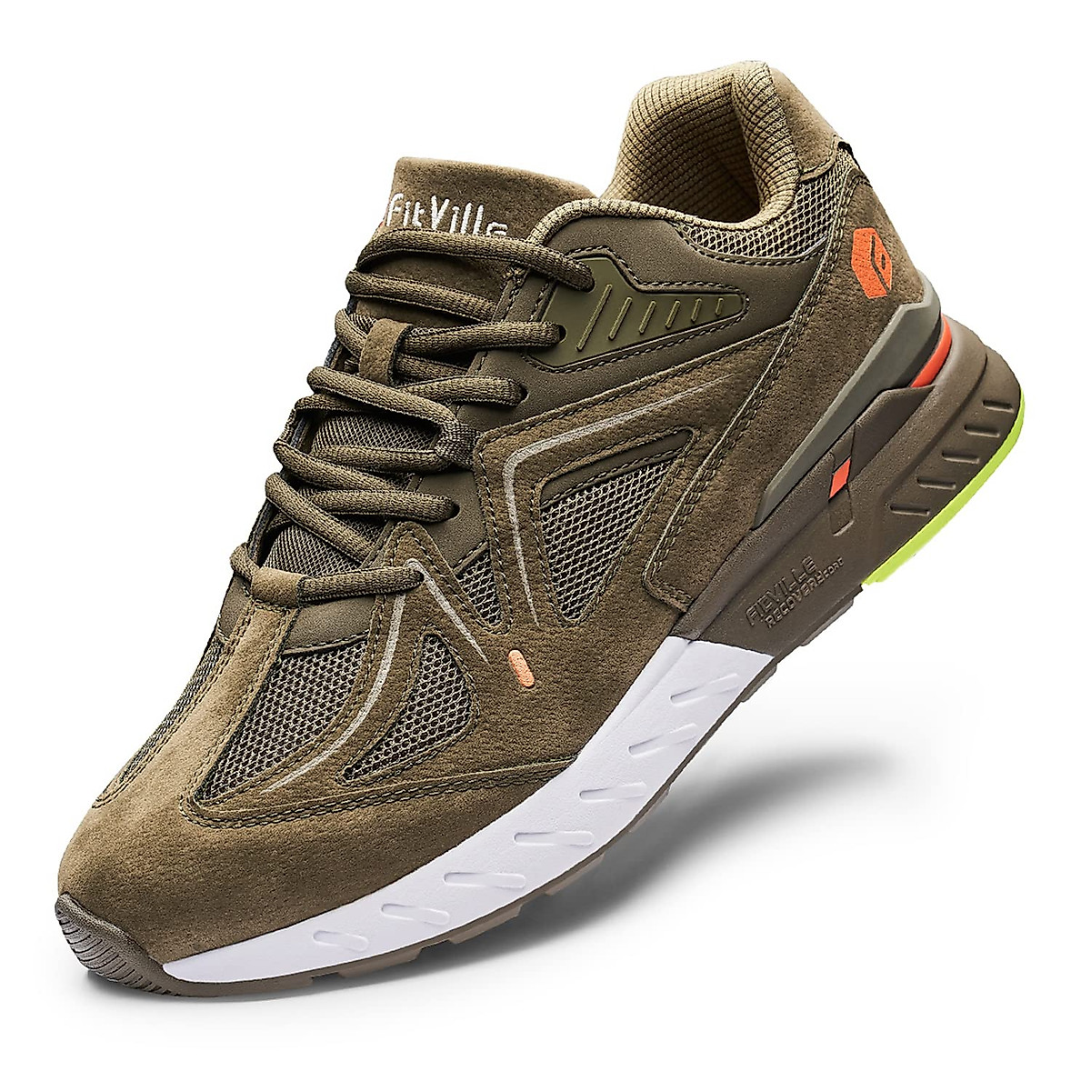 FitVille Wide Walking Shoes for Men Wide Width Sneakers for Flat Feet Arch Fit Heel Pain Relief - Rebound Core (10 Wide, Army Green)