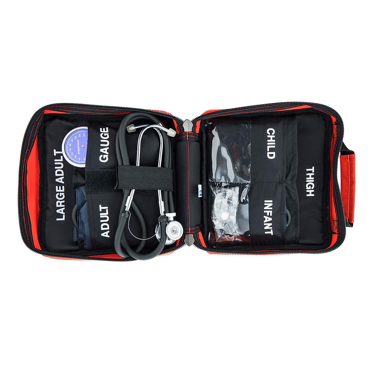 LINE2design Manual BP Cuff Kit 5 Infant Child Adult Large Adult & Thigh - EMS Deluxe Aneroid Sphygmomanometer Blood Pressure Monitor Set + Stethoscope with Carrying Case – Red