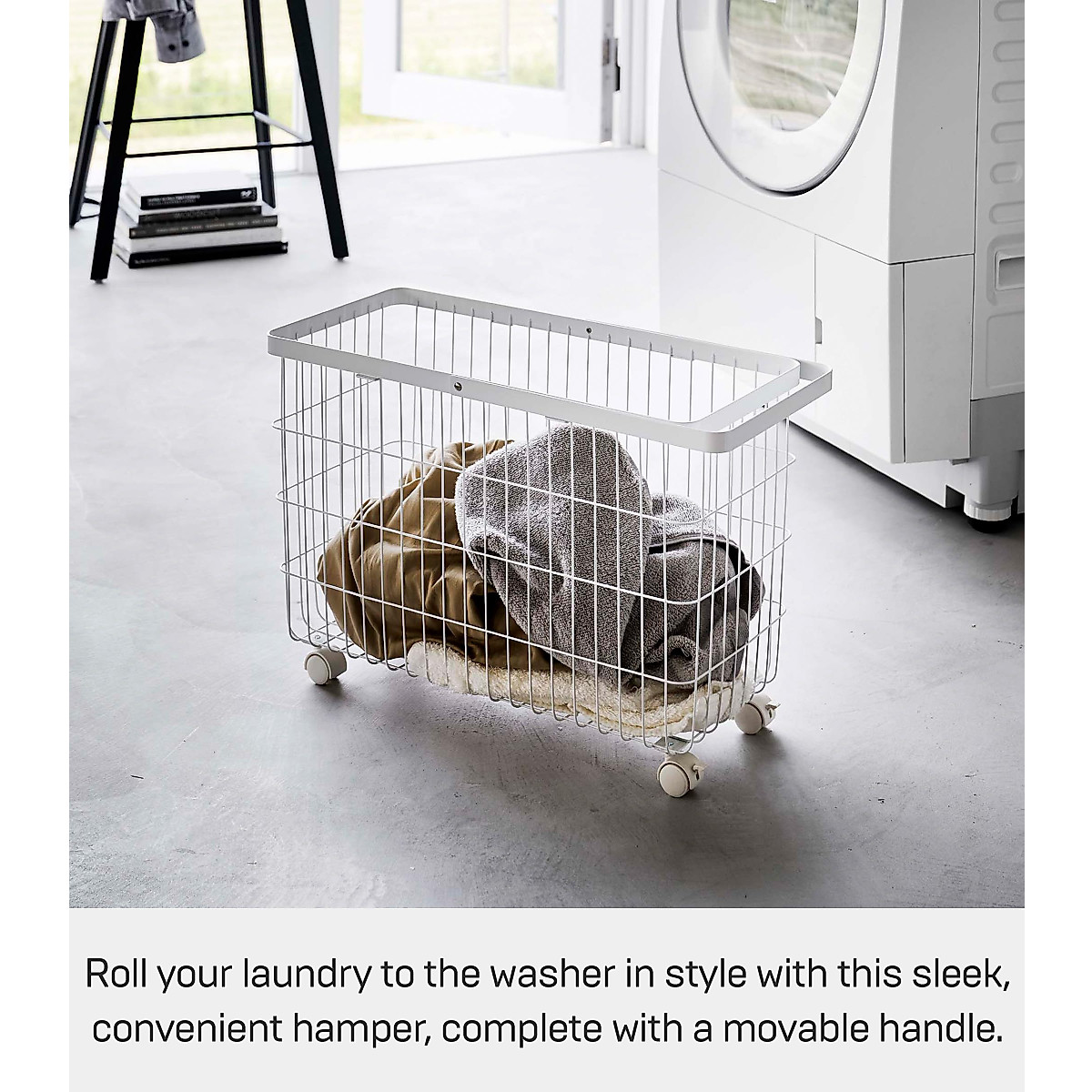 Yamazaki Home Tower Small Rolling Laundry Basket Metal Hamper Cart With Wheels And Handle, 14.8" - Steel - 9.8 Gallons, 35 Liters