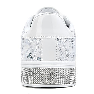 UUBARIS Women's Glitter Tennis Sneakers Floral Dressy Sparkly Sneakers Rhinestone Bling Wedding Bridal Shoes Shiny Sequin Shoes White Size 8