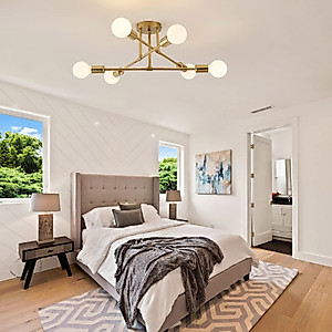 YXTH Semi Flush Mount Ceiling Light Fixture, 6 Lights Modern Sputnik Chandelier Ceiling Lamp with E26 Bulb Base, Light Fixtures Ceiling Mount for Bedroom Kitchen Living Room Hallway (Gold)