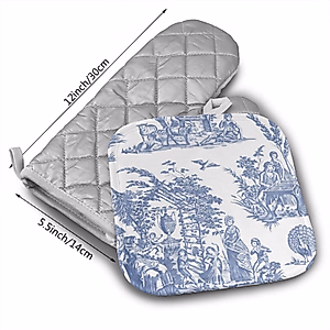 Marseilles Toile Willow Ware Blue White 2 Pack Heat Resistant Hot Oven Mitts & Pot Holders for Kitchen Set,for BBQ Cooking Baking