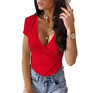 Eurivicy Womens Sexy Tops Summer Deep V Neck Wrap Shirts Short Sleeve Low Cut Pleated Criss Cross Tunic Tops Burgundy