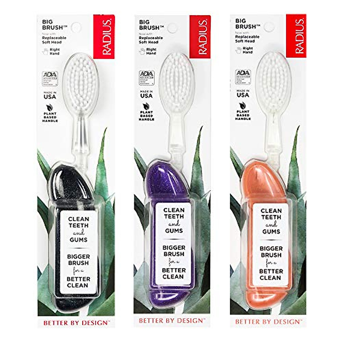 RADIUS Big Brush BPA Free & ADA Accepted Toothbrush Designed to Improve Gum Health & Reduce Gum Issues - Right Hand - Purple/Sea Shell/Midnight Sky - Pack of 3