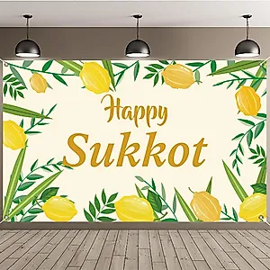 LOONELO Happy Sukkot Backdrop Banner with 70.8"X43.3", Happy Sukkah Backdrop Banner, Etrog Lulav Jewish Holiday Photography Background for Photo Booth Wedding Birthday Sukkot Party Decorations