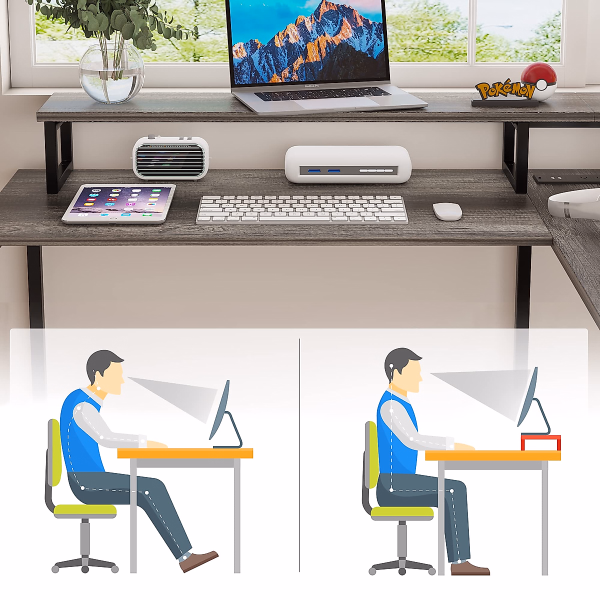 COTUBLR Two Person Desk with Monitor Stand, 83.7 Inch Extra Long Computer Desk 2 Person Desk with Storage Shelves, Double Long Desk Study Writing Desk Workstation for Home Office, Grey Oak