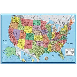 24x36 United States Classic Premier Blue Oceans 3D Wall Map Poster, Laminated Edition