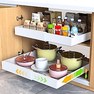 2 Pack Pull Out Cabinet Organizer 21" Deep Expandable Slide Out Drawer Organizers,No Drill Pull Out Drawers Adhesive with Nano Compatible Framed Cabinets Shelves For Kitchen Pantry Adjustable Width