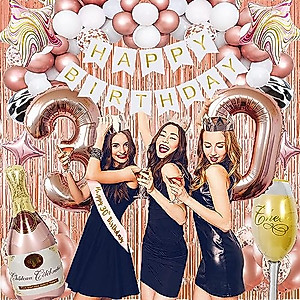 30th Birthday Decorations for Women - Rose Gold 30 Birthday Party Decoration for Her, Happy Birthday Banner, Balloon Arch ,Cake Topper, Foil Balloons and Sash for Girls Thirty Birthday Party Supplies