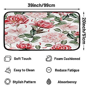 KOBLEN Red Peony Leaves Kitchen Rugs Non Slip Washable Absorbent Kitchen Mats 20x39 inch Cushioned Anti Fatigue Kitchen Floor Mats for in Front of Sink