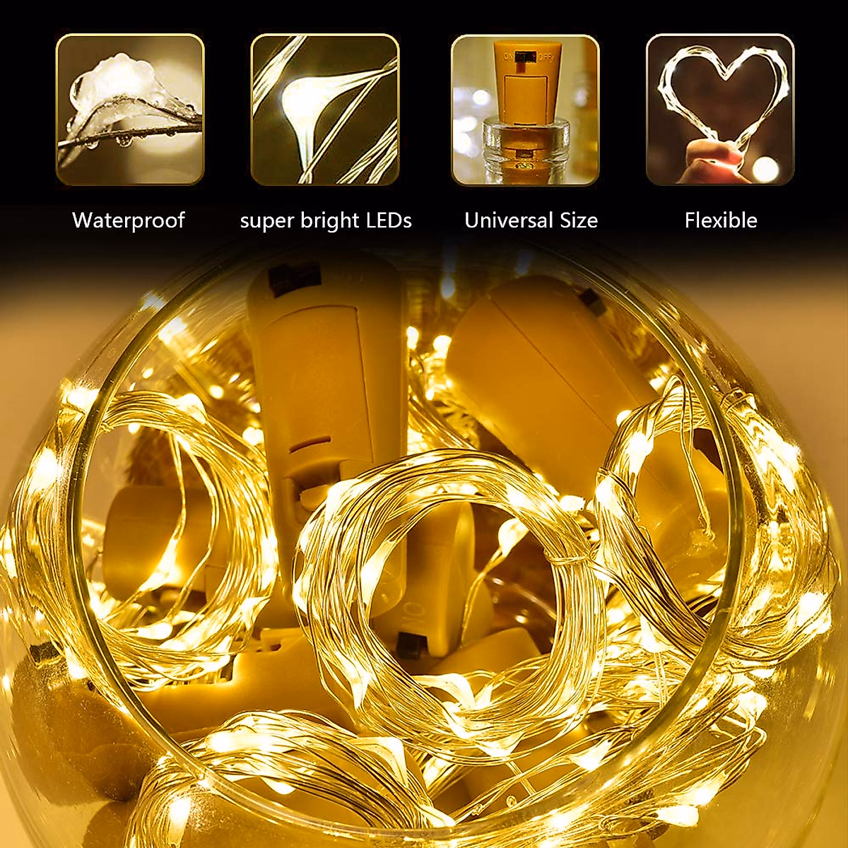 osteplus Wine Bottle Lights with Cork, 6 Pack Mini Fairy String Lights Battery Operated with 6 Replacement Batteries, Party Decoration for Wedding Christmas Halloween Bar Mason Jar - Warm White