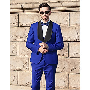 MAGE MALE Men's 3 Piece Suit Shawl Collar Slim Fit Elegant Tuxedo Solid One Button Wedding Party Blazer Vest Pants Set Royal Blue