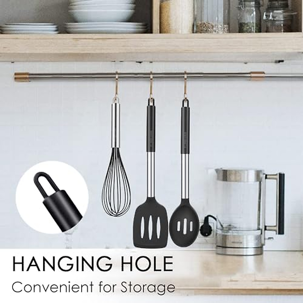 FONGLUAN Kitchen Utensils, Set of 5, Silicone Cooking Utensils Set with Stainless Steel Handle, Turner/Spatula, Spoon, Ladle, Whisk, Masher, Heat Resistant, Nonstick Cookware, Dishwasher Safe, Black