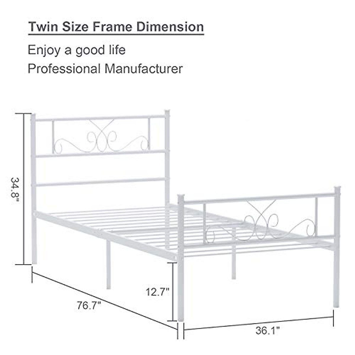 Weehom 12.7 Inch Twin Size Metal Bed Frame with Headboard Platform Bed Steel Slat Support Mattress Foundation Easy Assembly White