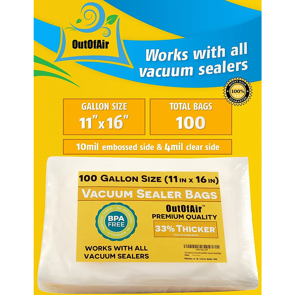100 Vacuum Sealer Bags: Gallon Size (11" x 16") by OutOfAir Works with FoodSaver & Other Machines - 33% Thicker BPA Free, Commercial Grade, 11 x 16 inches