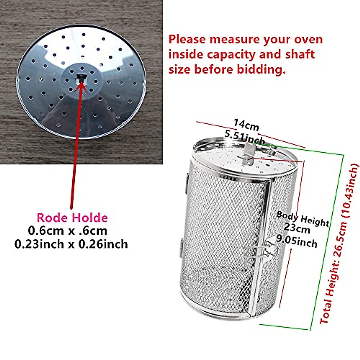 Falytemow Stainless Steel Rotisserie Grill Roaster Drum Oven Basket Oven Roast Baking Rotary for Peanut Dried Nut Coffee Beans BBQ 5.51 x 10.43 inch (14x26.5cm)