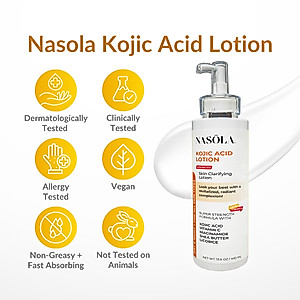 Nasola Kojic Acid Lotion Natural Skin Clarifying for Face & Body with Vitamin C, Niacinamide, Shea Butter, Licorice & Green Tea for Complexion Revitalization, Women & Men
