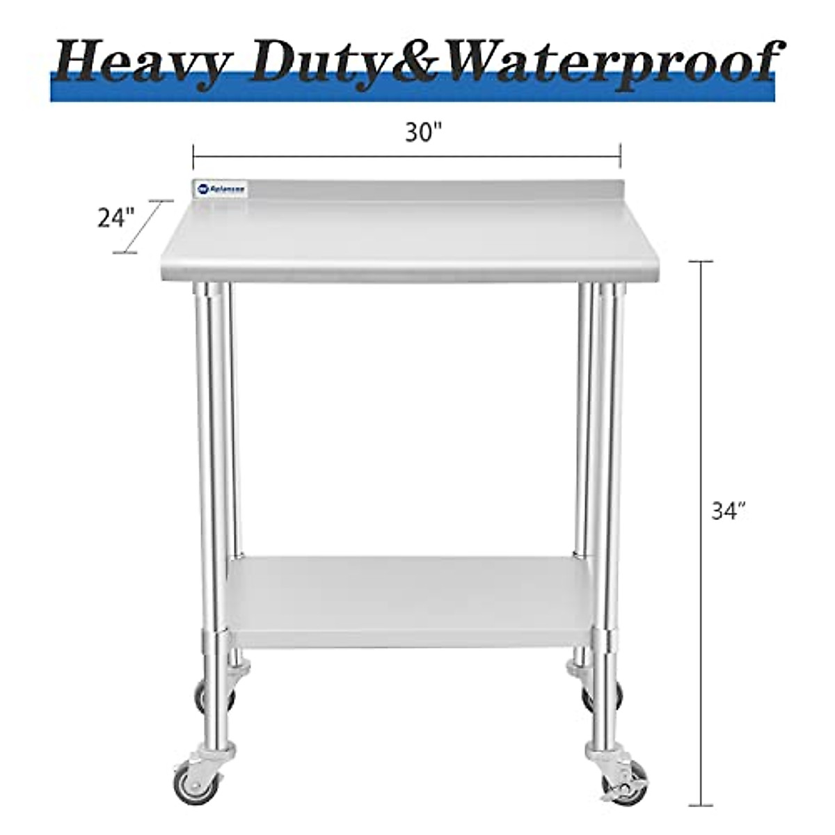 Aplancee Stainless Steel Table, 30 x 24 Inches Prep & Work Table with Caster Backsplash and Adjustable Undershelf Metal Utility Workstations for Commercial Kitchen or Restaurant Supplies