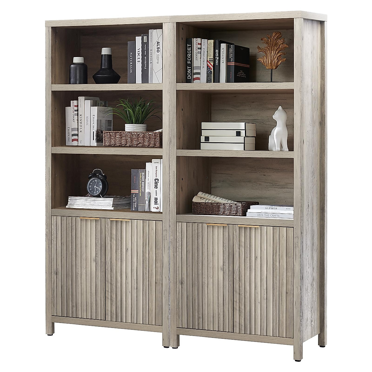OAKHAM HOME Bookcase, Tall Bookshelf with Doors Cabinet 15.4in Depth, 5 Tier Book Shelf, Wood Oak 1.4" MDF Bookcases with Storage Floor Standing, Farmhouse Bookshelves (Grey Oak, 2 Pieces)