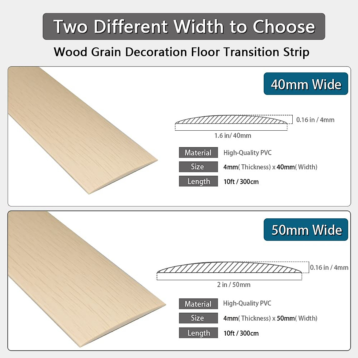 Floor Transition Strip 2" Self Adhesive Flat Vinyl Flooring Transitions Strip with Strong Backing Wood Grain (5cm, 10FT, Maple Wood Grain)