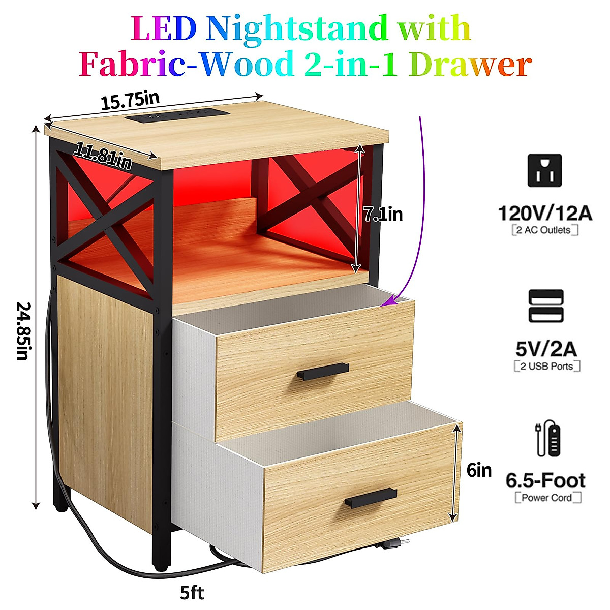 HDDDZSW LED Nightstand with Charging Station, Side Table with USB Ports and Outlets, End Table for Small Spaces, Log Colour Bedside Tables with Fabric-Wood 2-in-1 Drawer for Bedroom, Living Room
